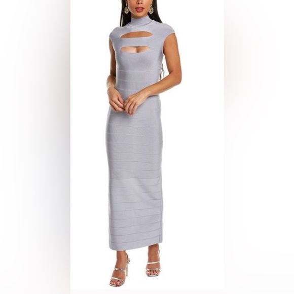 Herve Leger | Dresses | Herve Leger Icon Capsleeve Cutout Gown Pewter ...